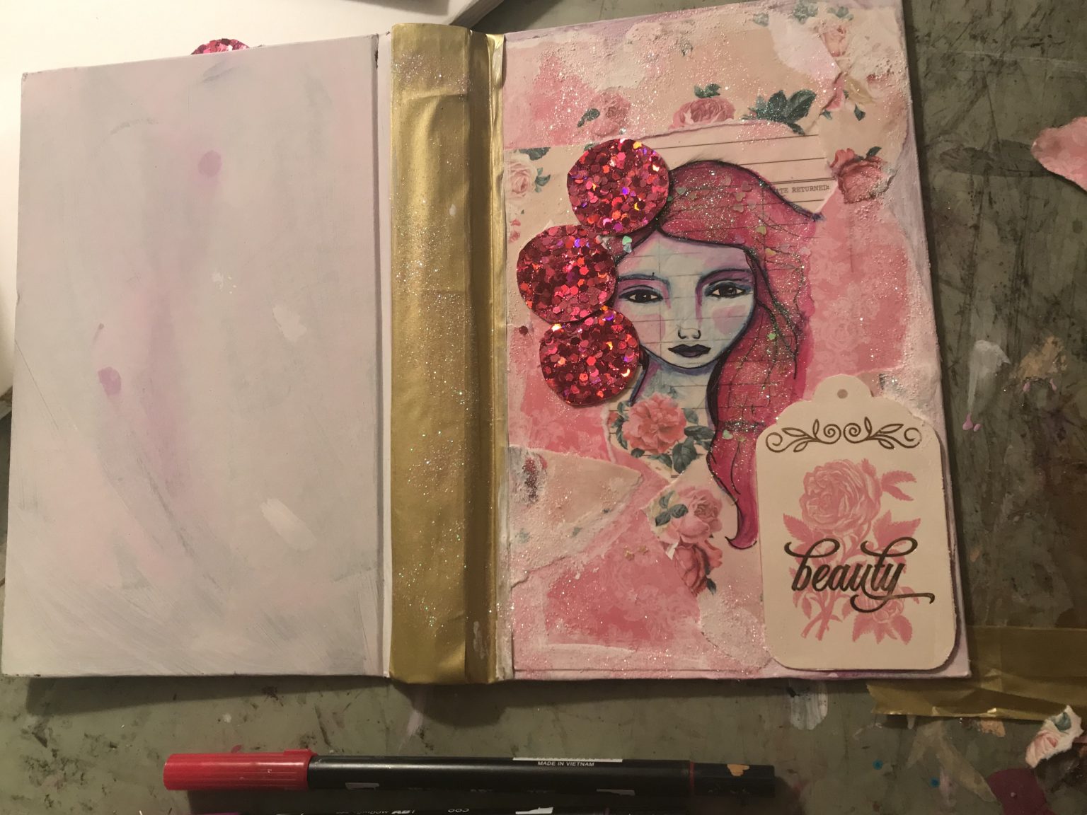 Mixed Media Altered Book Cover - Pink Spark Studio