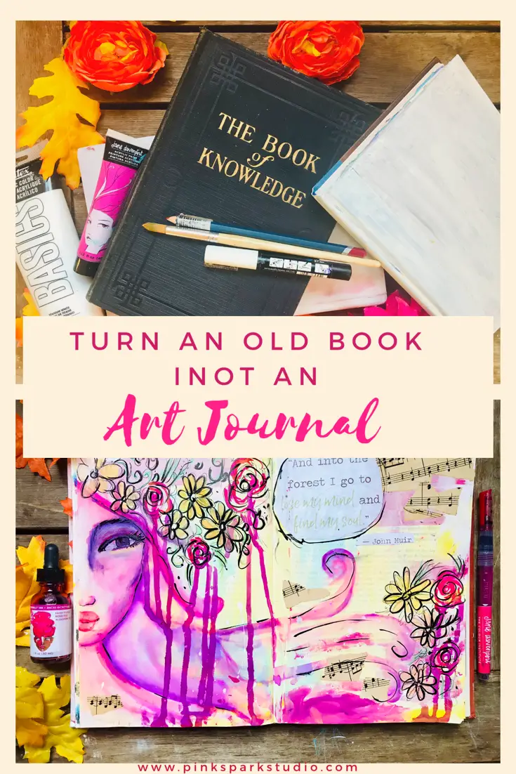 art journal in an old book - Pink Spark Studio